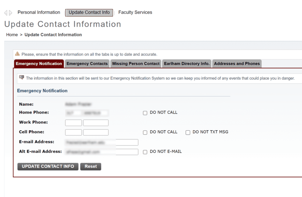 Update Emergency Contact Information : Earlham College